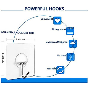 Wall Hooks 13lb(Max) Transparent Reusable Seamless Hooks,Waterproof and Oilproof,Bathroom Kitchen Heavy Duty Self Adhesive Hooks,16 Pack