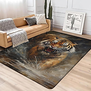 Tiger Carpet - Angry Tiger Growls Rug, Tiger Decor Animal Print Carpet Tiger Area Rug Jungle Rug Animal Print Rugs for Living Room Nice Gift for Tiger Lovers Tiger Theme Rug Girls Bedroom Decor