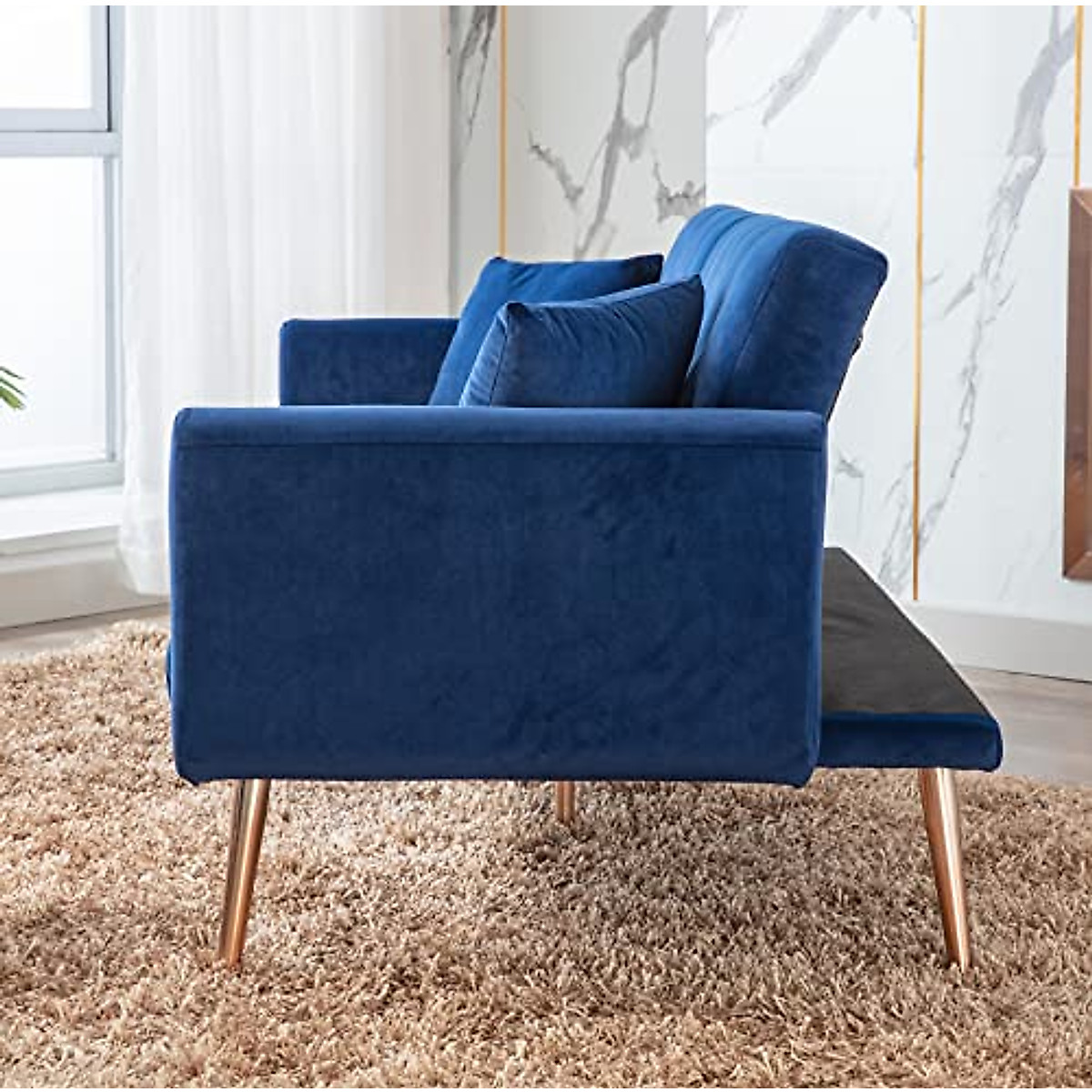 HBHM Velvet Accent Sofa, Loveseat Mid Century Modern Velvet Fabric Couch, Convertible Futon Sofa Bed, Recliner Couch Accent Sofa Loveseat Sofa with Gold Metal Feet (Blue, OneSize)