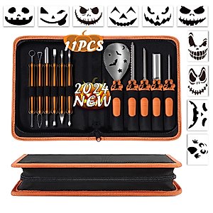 Halloween Pumpkin Carving Kit with 10 Stencils, ENVEL 11 Pcs Professional Stainless-Steel Pumpkin Pottery Sculpture Modeling Tools Set Heavy-Duty Steel Cutting Easily for Art Crafts, Adults