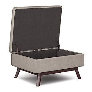 SIMPLIHOME Owen 34 inch Wide Mid Century Modern Rectangle Coffee Table Storage Ottoman in Natural Linen Look Fabric, Assembled, for the Living Room, Entryway and Family Room