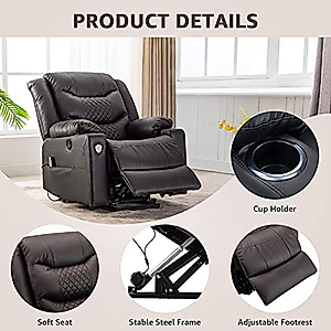 EVER ADVANCED Power Lift Chairs Recliners for Elderly, Electric Recliners Chair with Heat Vibration Massage, Remote Control,USB Port, 2 Cup Holder & Side Pocket for Home, Office (Brown)