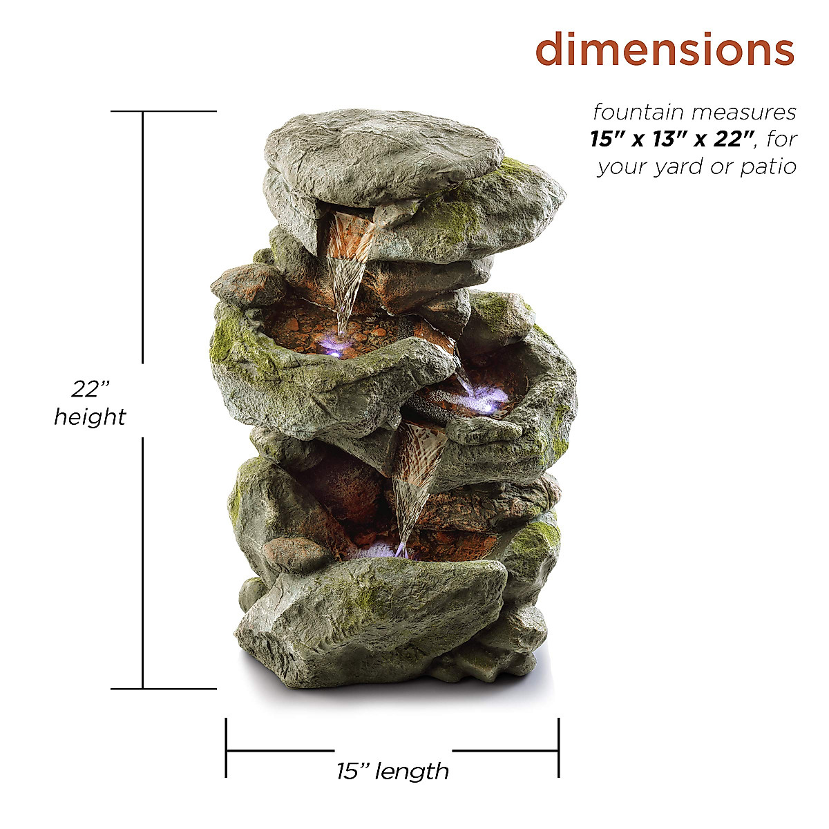 Alpine Corporation WIN582 Tall Outdoor 3-Tier Rock Waterfall Fountain with LED Lights, 15"L x 13"W x 22"H, Gray/Beige