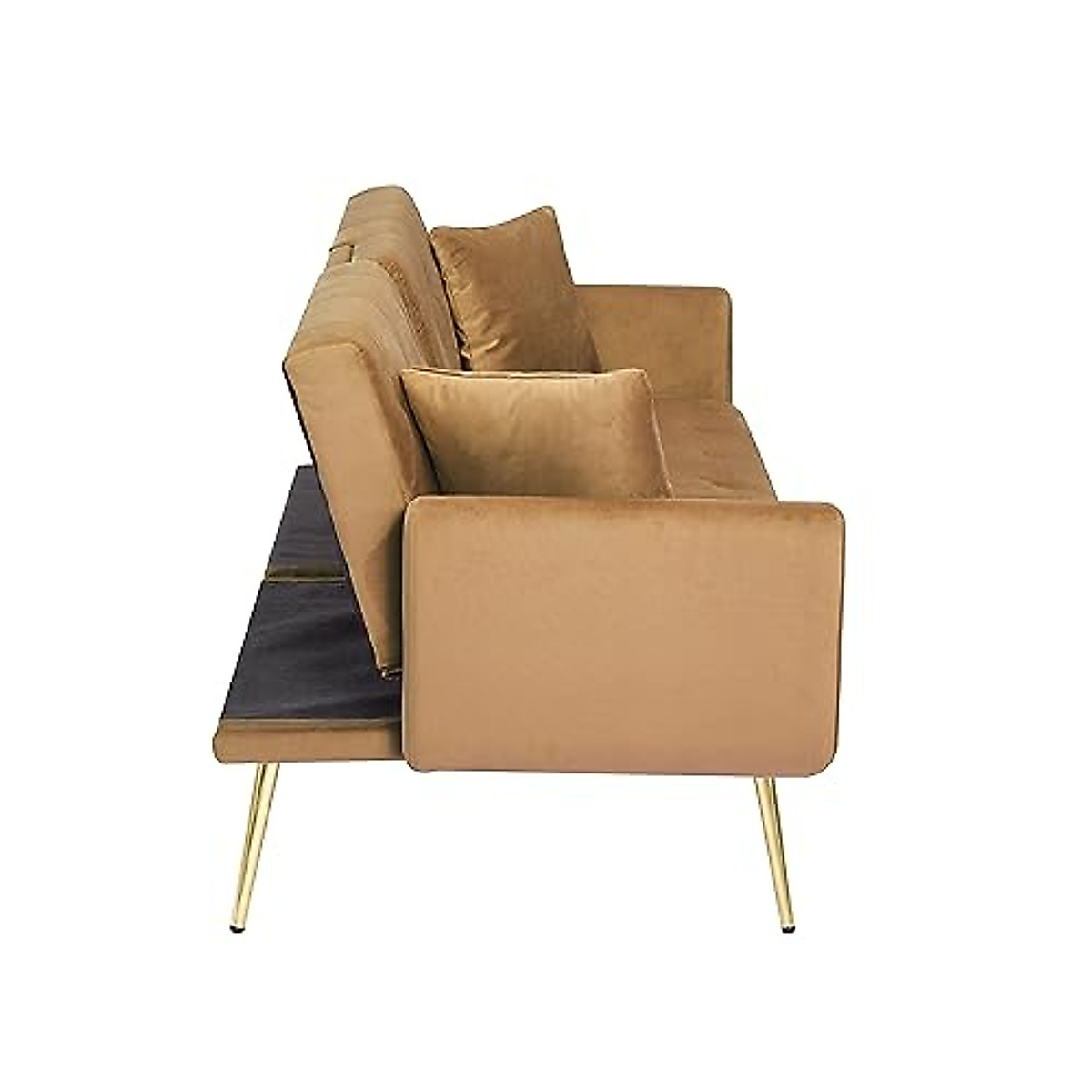 Verfur Button Tufted Convertible Futon Sofa Bed,Modern Velvet Upholstery Sleeper Couch Daybed with 2 Cup Holders and Square Armrests for Small Places Sofabed, Brown 72.4"