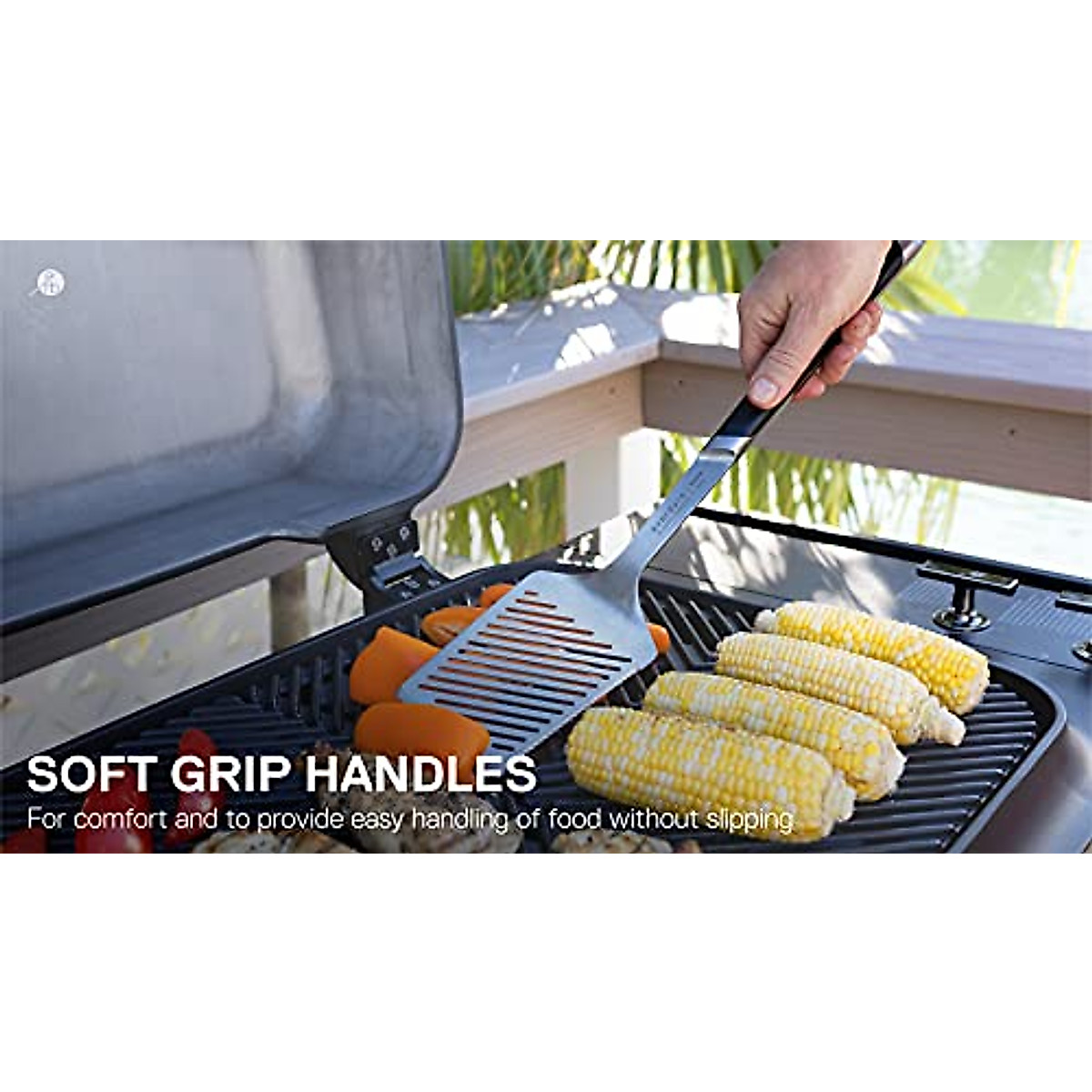 Everdure by Heston Blumenthal Premium Pack of 3 BBQ Tool Kit: Brushed Stainless Steel Tongs, Spatula and Fork with Soft Grip Handles and Hang Zone