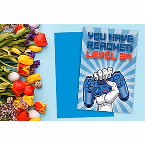 34th Birthday Card, You Have Reached Level 34, Greeting Card for Thirty-Four Year Old Gamer Birthday Gift for Adult Son or Daughter, For Him Her Grandson Granddaughter, Blue