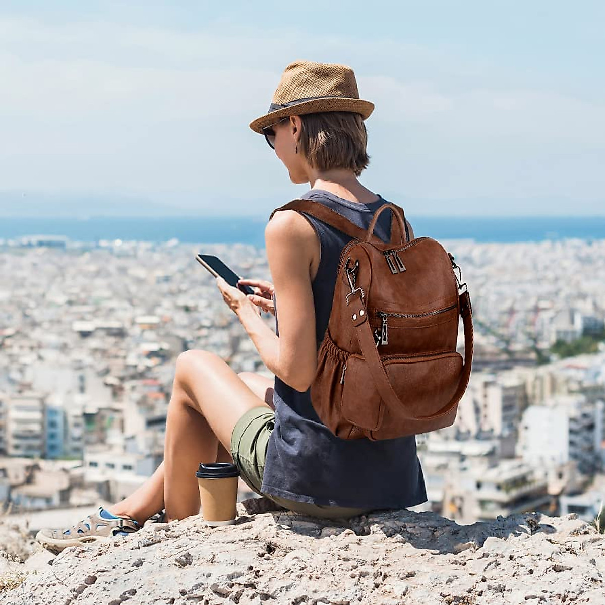 UTO Women Backpack Purse Leather Vegan Convertible Ladies Rucksack Zipper Pocket Shoulder Bag with Detachable Pouch Two-tone Brown