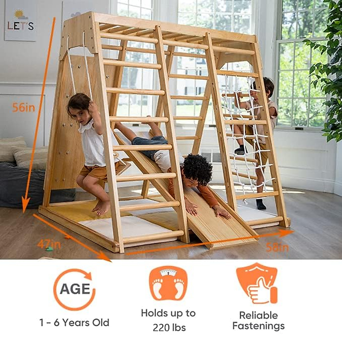 Avenlur Magnolia Indoor Playground 6-in-1 Jungle Gym Montessori Waldorf Style Wooden Climber Playset Slide, Rock Climbing Wall, Rope Wall Climber, Monkey Bars, Swing for Toddlers, Children Kids 2-6yrs