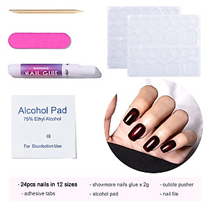 Burgundy Press On Nails Short, SHOWMORE Wine Red Glitter Cat Eyes Acrylic Fake Nails Medium Square Glue On Nails False Nails with Design Stick On Nails in 12 Sizes 24 Nail Kit with Glue (Handmade)