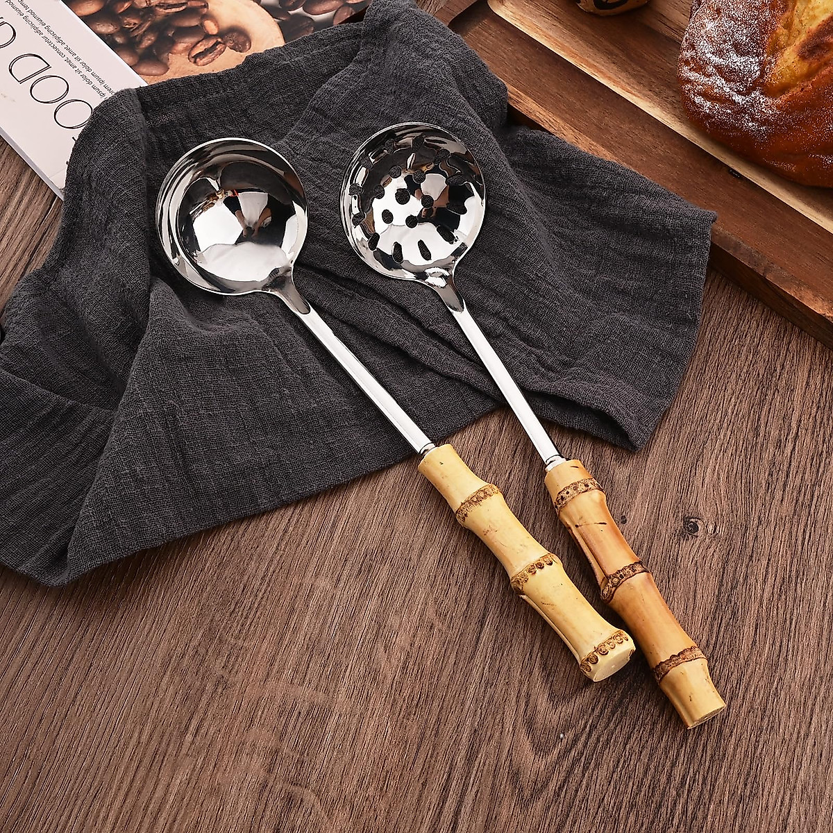 Uniturcky Soup Ladle and Slotted Spoon Set, 304 Stainless Steel Serving Utensils with Natural Bamboo Handle, Soup Spoons For Serving Gravy Hot Pot Or Restaurant, 10.2 Inch, 4 PCS / 2 of Each