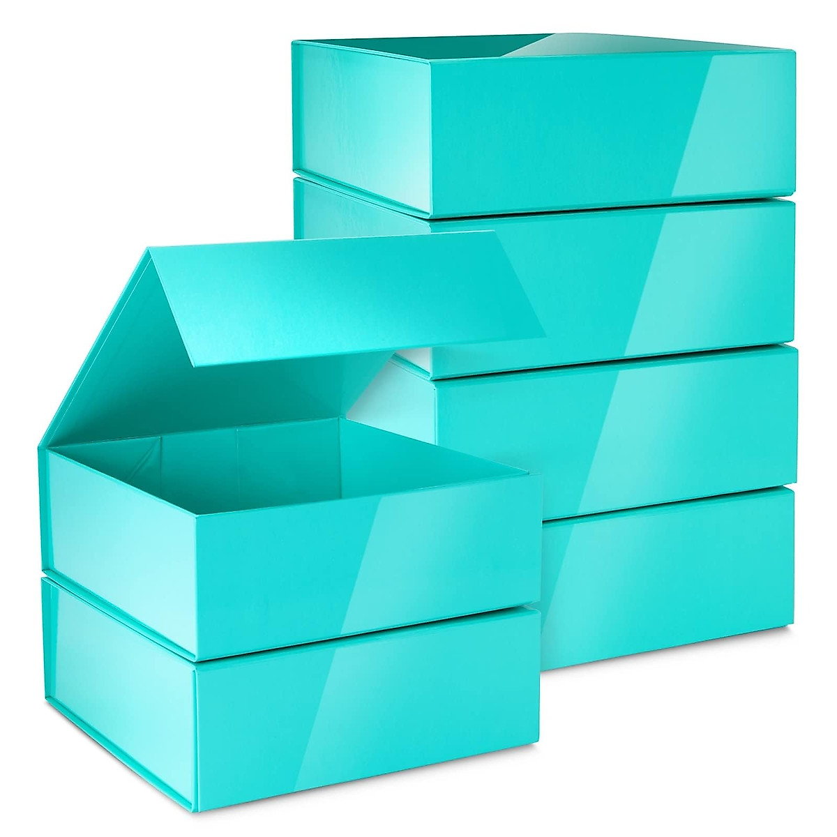 6 Pack Square Magnetic Gift Box with Lid, 10x10x4 Groomsmen and Bridesmaid Boxes for Proposal, Glossy Teal