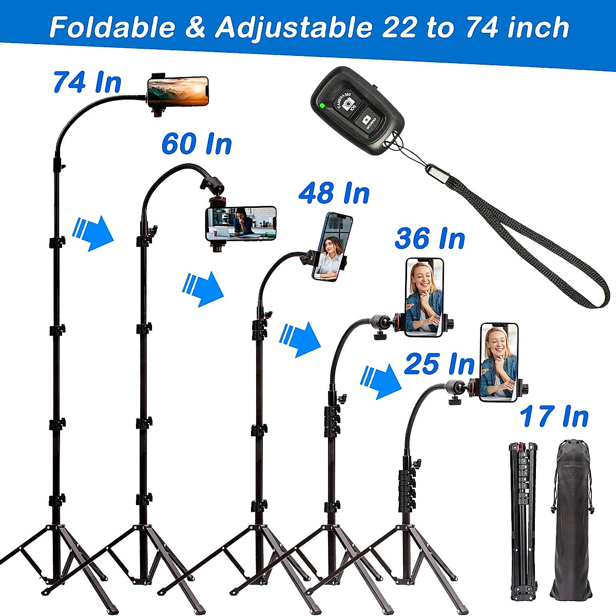 Tall Cell Phone Tripod, Phone Floor Video Tripod, Adjustable Gooseneck Phone Tripod with Carry Bag, 360 Swivel Head, Phone Clamp for iPhone16 /Pro/Pro Max/Plus/15/14/13/12/11, S22 S21