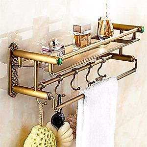 Towel Rack Bathroom Shelf, Antique Brass Carved Bolt Inserting Type Wall Mounted Corner Shelf, Storage Organizer Rack with Towel Bar and Hook Towel Shelf (Color : 51.5CM)