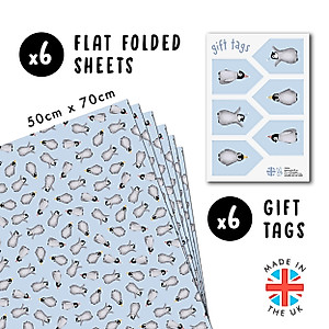 CENTRAL 23 Penguin Wrapping Paper - 6 Sheets of Birthday Gift Wrap - Cute Animal Wrapping Paper - For Men Women - Easter Gift Wrap for Him Her Boys Girls Kids - Recyclable