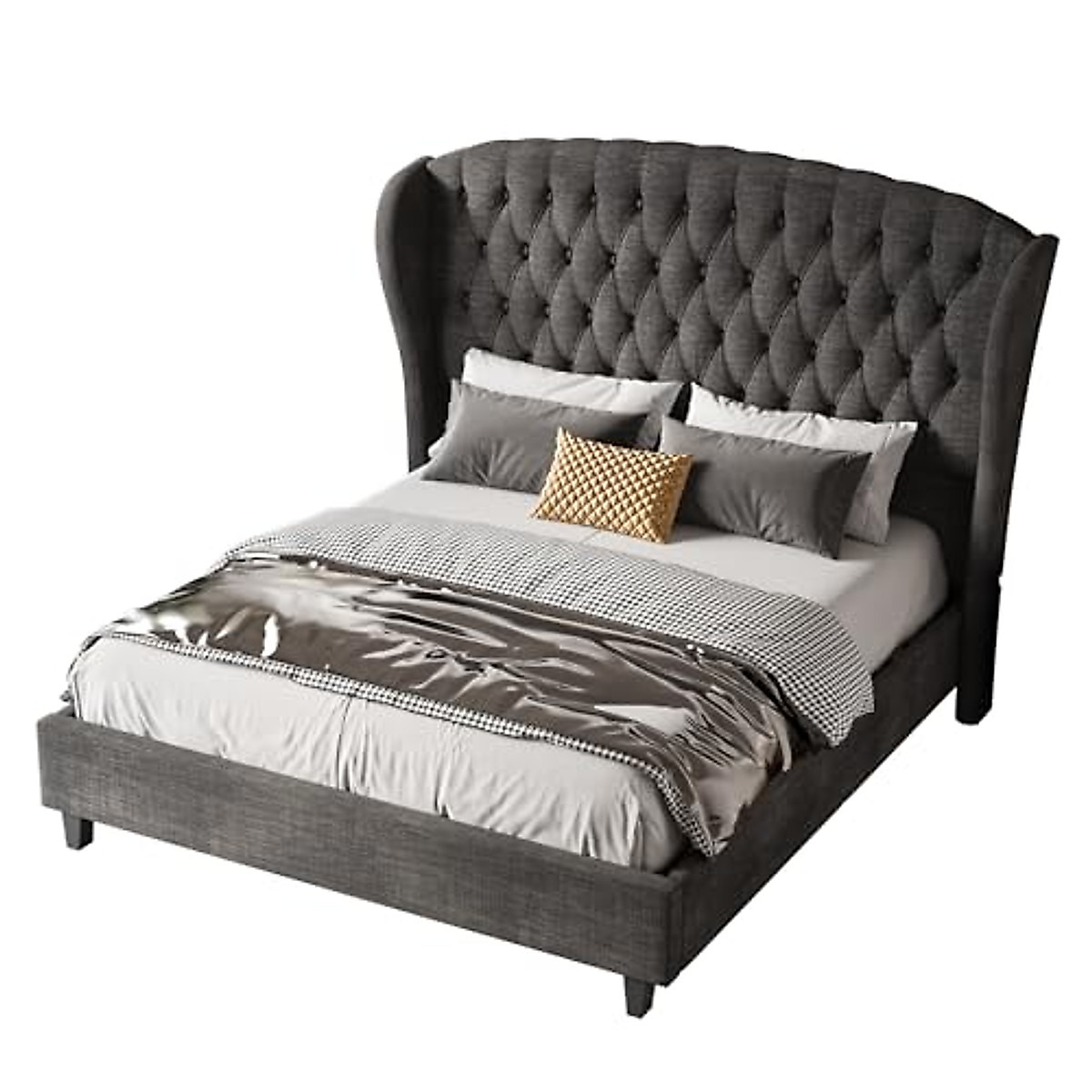 Jocisland Upholstered Bed Frame King Size Wingback Platform Bed Frame Tufted and Headboard Tall Linen Bed Frame/No Box Spring Needed/Wood Slat (Dark Grey)