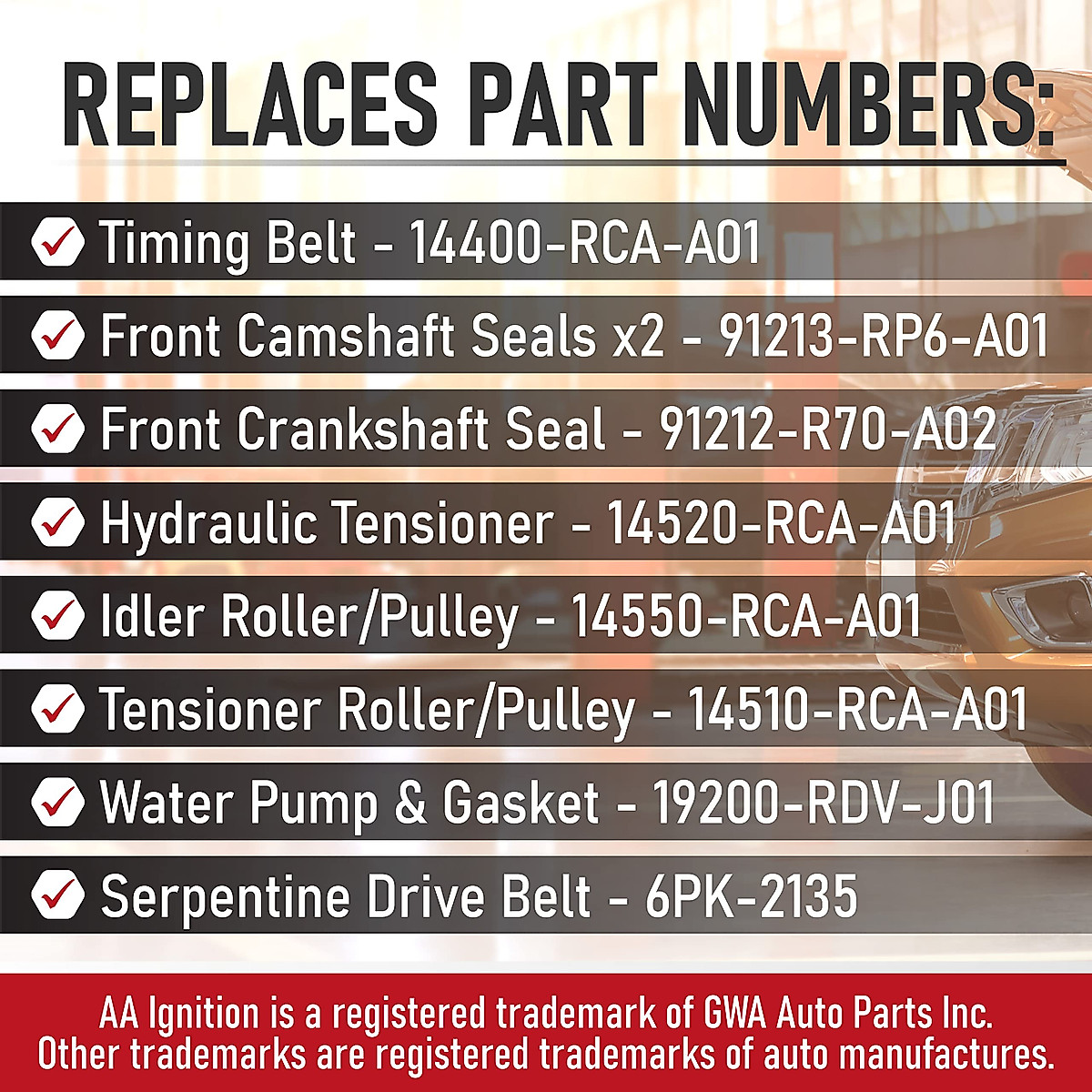 Timing Belt & Water Pump Kit Compatible with Honda, Acura & Saturn Vehicles - Accord, Odyssey, Pilot, TL, RL, MDX, Vue 3.5, 3.0, 3.7 - Replaces TKH002, TCKWP329, 19200-RDM-A02 19200-RDV-J01