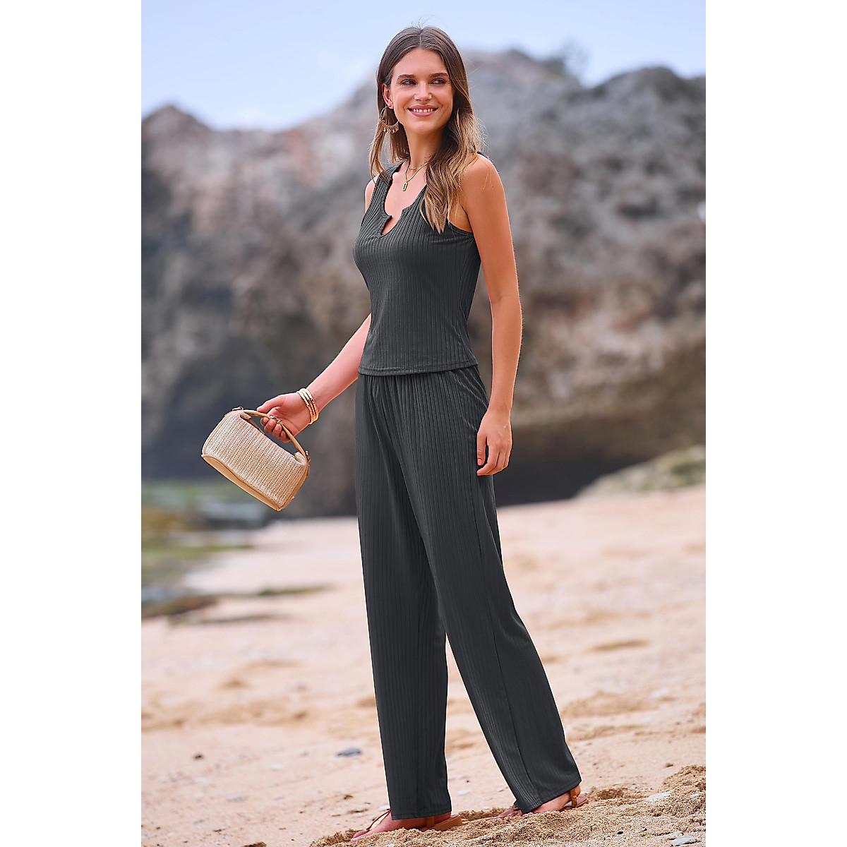 PRETTYGARDEN Women's Summer Casual Two Piece Outfits Sweatsuits Tank Scoop Neck Ribbed Knit Long Pants Tracksuits (Light Grey,X-Large)