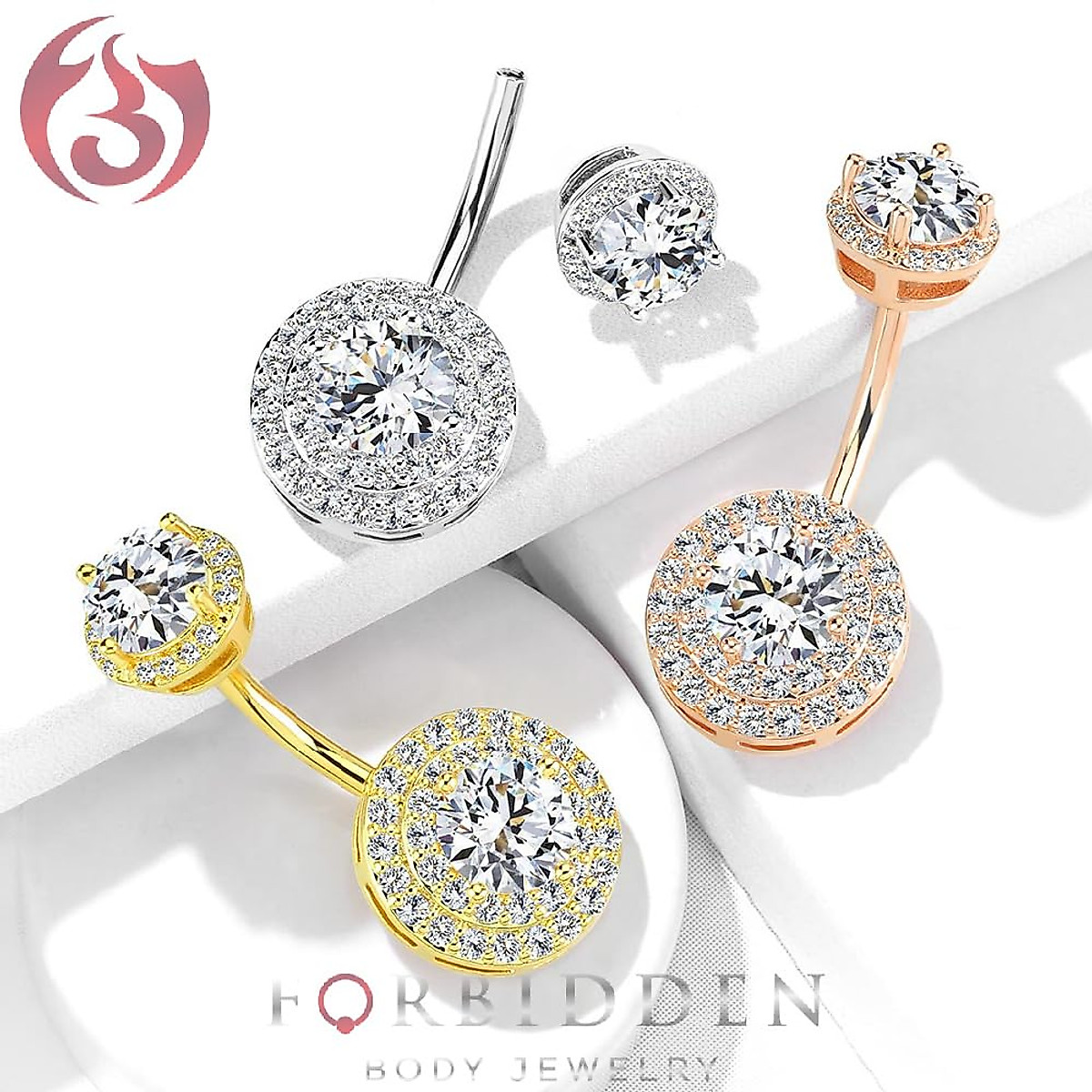 Forbidden Body Jewelry Internally Threaded Surgical Steel Large Double Tier Pave CZ Belly Ring w/Matching Top (Clr/Gold Tone)