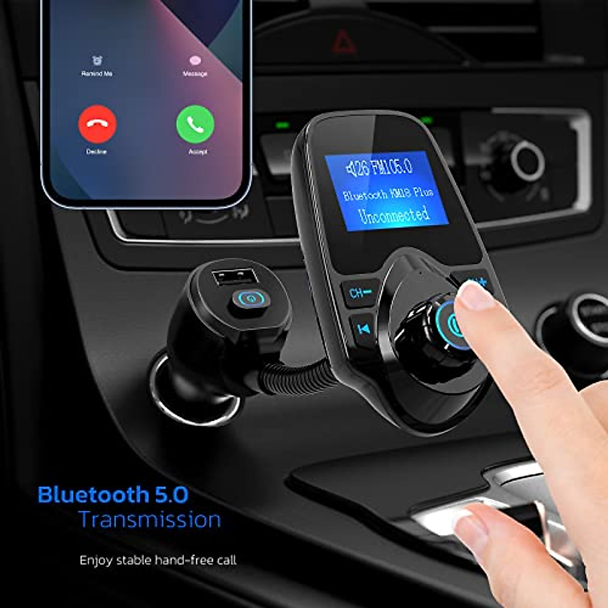 Nulaxy Bluetooth FM Transmitter for Car, Upgraded Manual Power On/Off Switch Wireless Car Radio Bluetooth Adapter Supports Hands free Calls, USB Fast Charging, microSD Card, Aux Play - KM18 Plus Black