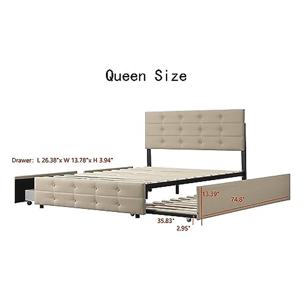 HAUSHECK Queen Size Upholstered Platform Bed with Trundle & Two Drawers - Trundle with 4 Wheels, Wooden Slats Support, Modern Linen Fabric Bed Frames No Box Spring Needed for Kids, Teen & Adults