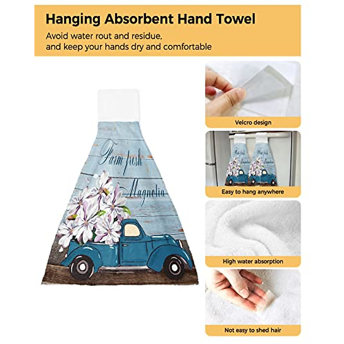 Chucoco Garden Magnolia Flower Blue Truck Kitchen Hanging Towel, Set of 2 Absorbent Soft Hand Tie Towel Watercolor Retro Wood Grain Durable Tea Bar Dish Towels for Bathroom Laundry Room Decor