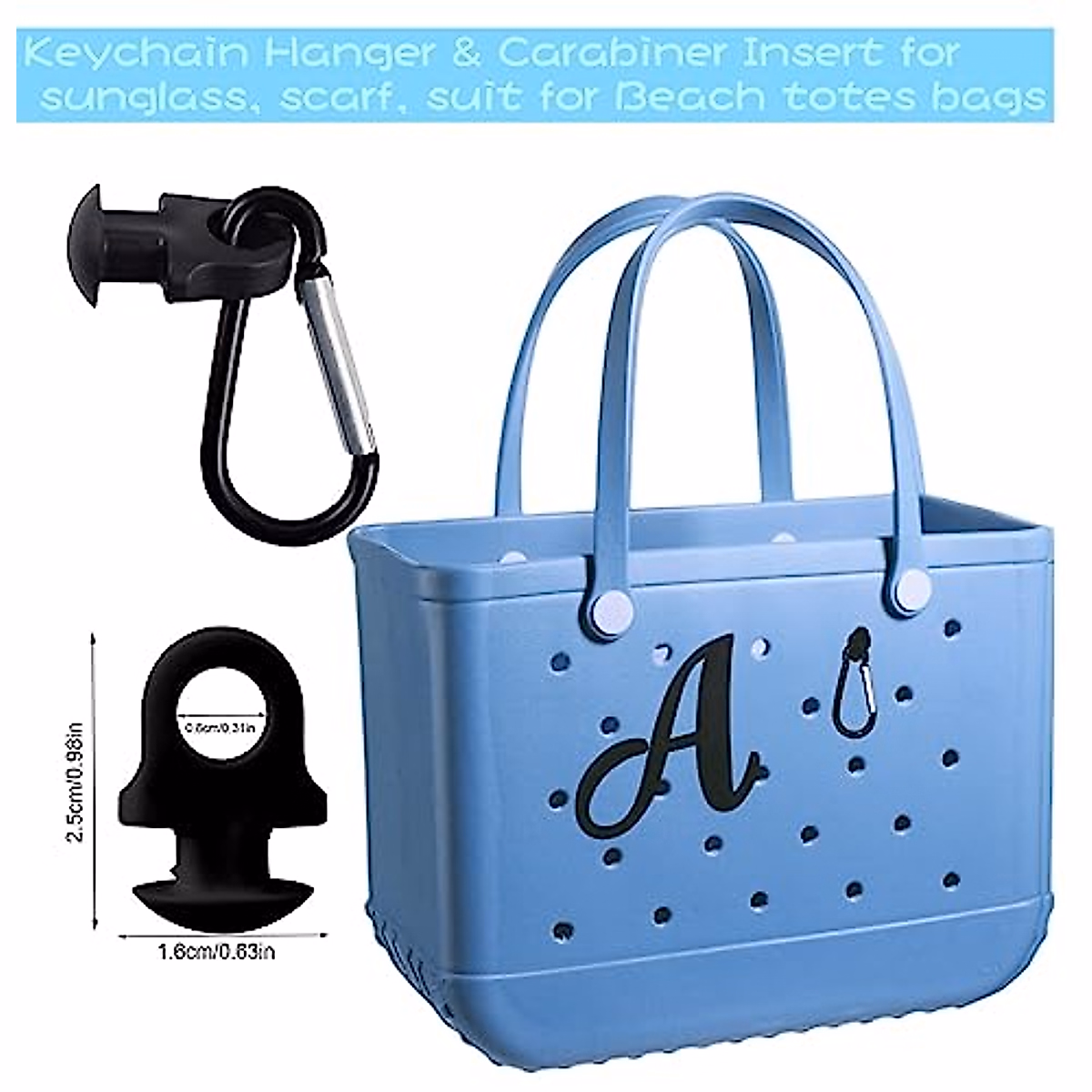 Bag Charms for Bogg Bag Accessories Decorative + 1pcs Bogg Bag Insert Carabiner Keys Holder Set，Alphabet Letters and Rubber Tassel Hanger Holder Hook for Beach,Tote Bag (M, Letter A)