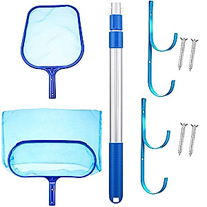 Swimming Pool Skimmer Net with Pole, 3 Feet Adjustable Aluminum Telescopic Pole and 2 Piece Hook Hanger, Deep Bag Pool Net and Shallow Net, Leaf Rake Cleaning Tool for Spa, Hot Tub, Pond Cleaning