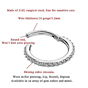 FANSING Small Tragus Hoops 16g Nose Rings Hoops 6mm Cartilage Earrings Hoop for Women 16 Gauge Pave Set Cubic Zirconia Tragus Daith Helix Lobe Rook Ear Piercing Jewelry