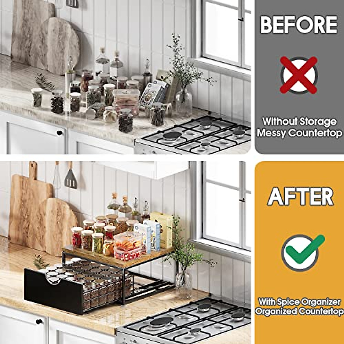 FOOZOUP Pull Out Spice Rack Organizer for Countertop Cabinet with Wood Shelf,Drawer Metal Pull Down Spice Drawer Can Hold 36 Jars