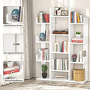 Aheaplus Bookshelf, Tree-Shaped Bookcase Storage Shelf with 13 compartments, Books Organizer Display Cube Shelves, Industrial Free Floor Standing Wood Open Bookshelves for Home, White