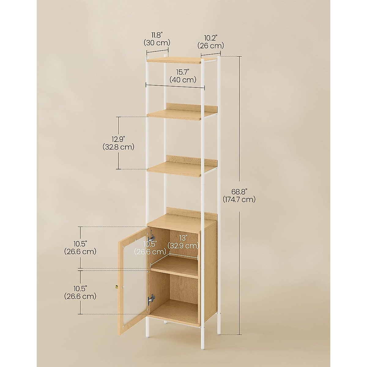 VASAGLE 6-Tier Bookcase, Slim Bookshelf with PC Door, Freestanding Storage Shelf with Metal Frame, Adjustable Shelf, for Living Room, Oak Beige and Pearl White ULLS123W57