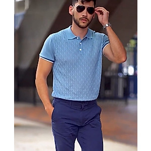 Mens Short Sleeve Polo Shirts Vintage Contrast Texture Knit Lightweight Pullover Tops for Golf Sport M Grey Blue