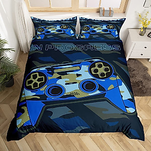 Feelyou Games Comforter Cover Twin Size,Gamepad Bedding Set for Boys,Kids Video Games Duvet Cover Set Modern Gamer Console Action Buttons Quilt Cover Teens Bedroom Decor Camo Navy Blue 2 Pcs