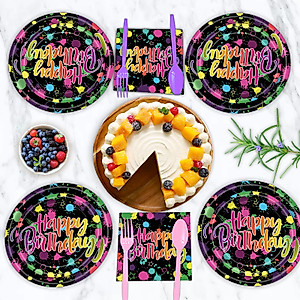 TeeFity 120 Pcs Neon Glow Birthday Party Tableware Set, Party Table Decorations Supplies Include 7 Inch and 9 Inch Paper Plates, Napkins and Forks Spoons for 24 Guests