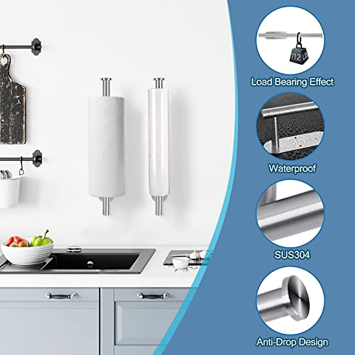 Elyum Paper Towel Holder Under Kitchen Cabinet Self Adhesive or Drilling, Spliceable Paper Towel Holder Wall Mount Sturdy and Durable Stainless Steel Towel Roll Rack for Bathroom(13 Inch, Silver)