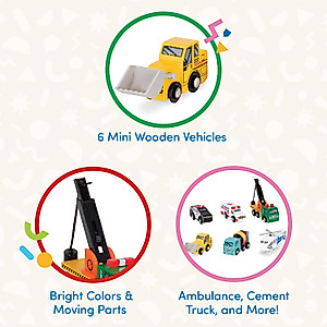 Battat – Miniature Toy Cars – 6 Wooden Minis – Classic Wooden Toys – Mini Ambulance, Cement Truck – 3 Years + – Wooden Vehicles - Set 1