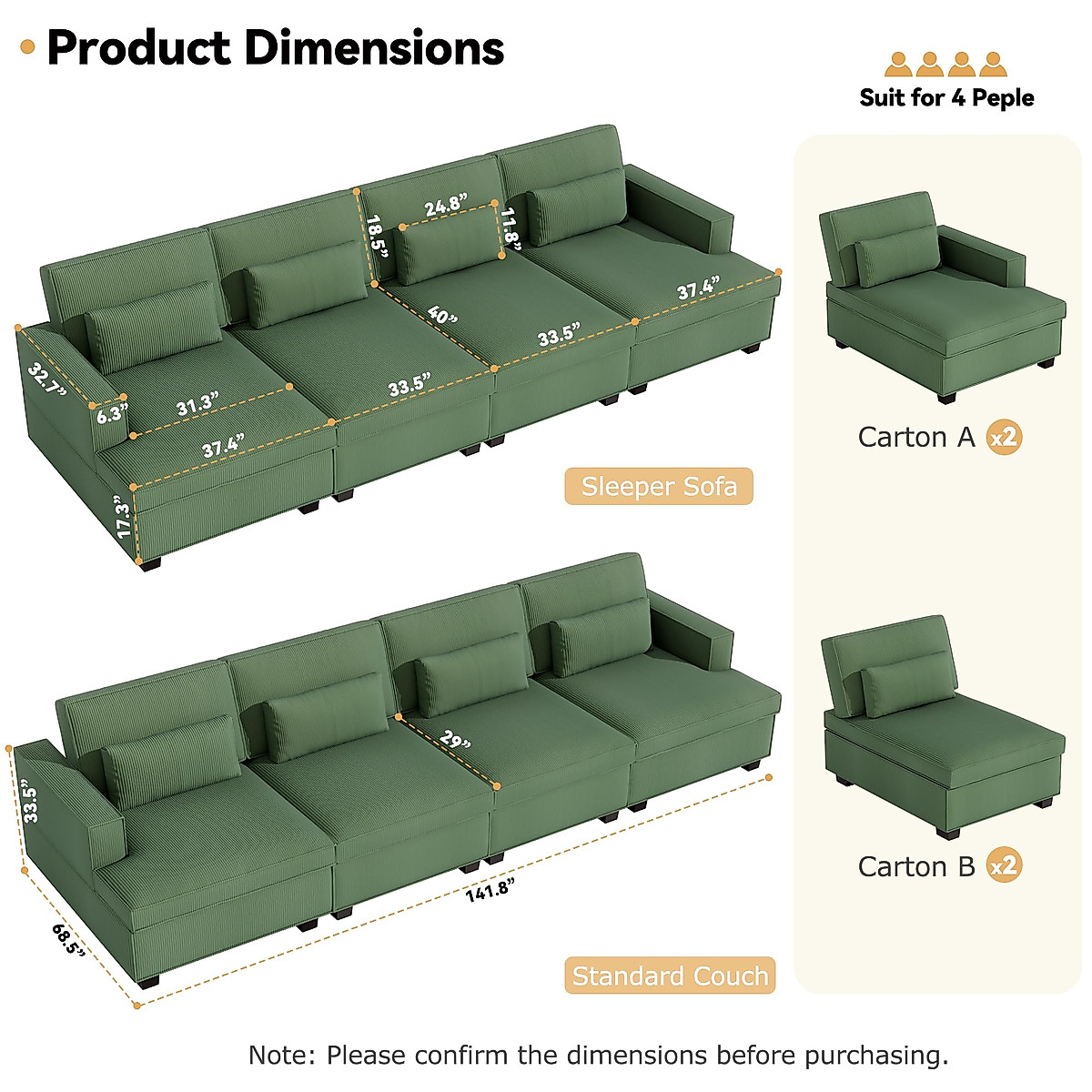 Brelice Oversized Modular Sectional Sofa, 142 inch Corduroy I Shaped Couch Sofa with Adjustable Seat Depth, 4 Seat Cloud Sofa Extra Large Deep Seat Couch for Living Room, Office or Apartment, Green