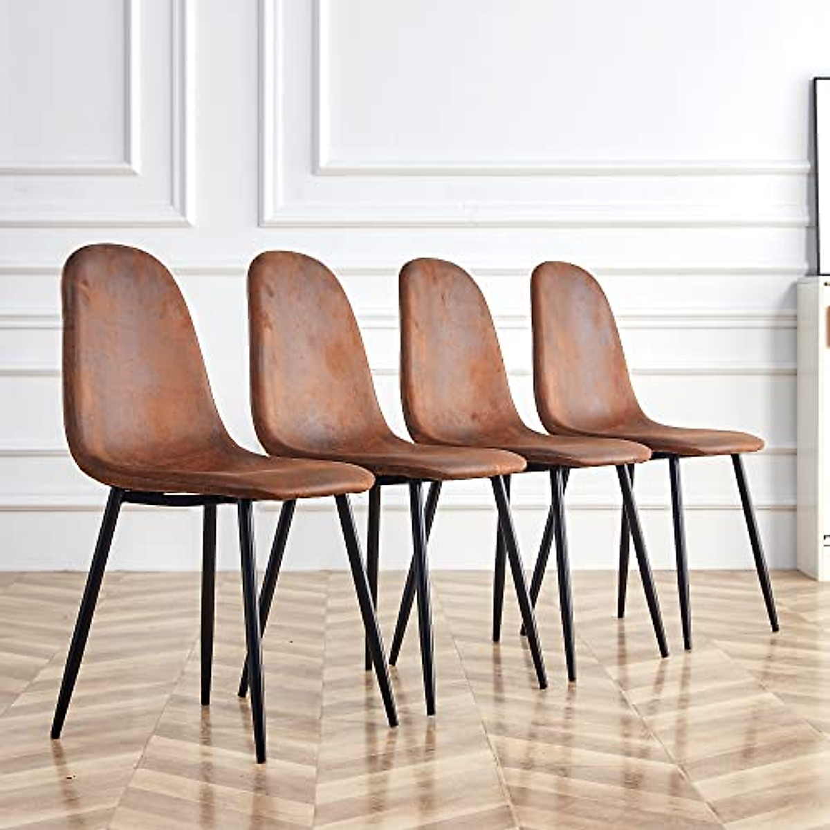 Dining Chairs Set of 4,Modern Mid Century Living Room Side Chairs with Metal Legs, Washable PU Leather, Armless Side Chairs for Kitchen Lounge Farmhouse, Rustic Brown, 4PCS