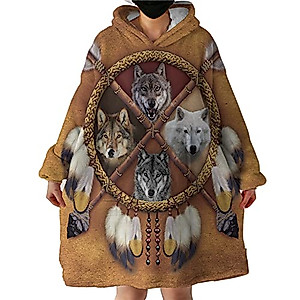 Sleepwish 4 Wolves Dreamcatcher Wearable Blanket Native American Oversized Blanket Hoodie with Deep Pockets, Long Sleeves - Vintage Feather Western Soft Comfy Sweatshirt Gold Brown (Adults 63" x 39")