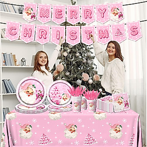 Christmas Party Supplies, 142Pcs Christmas Dinnerware Set Includes Pink Santa Claus Snowflake Napkins and Plates,Cups,Banner,Xmas Tablecloth for Merry Christmas Holiday Party, Serves 20