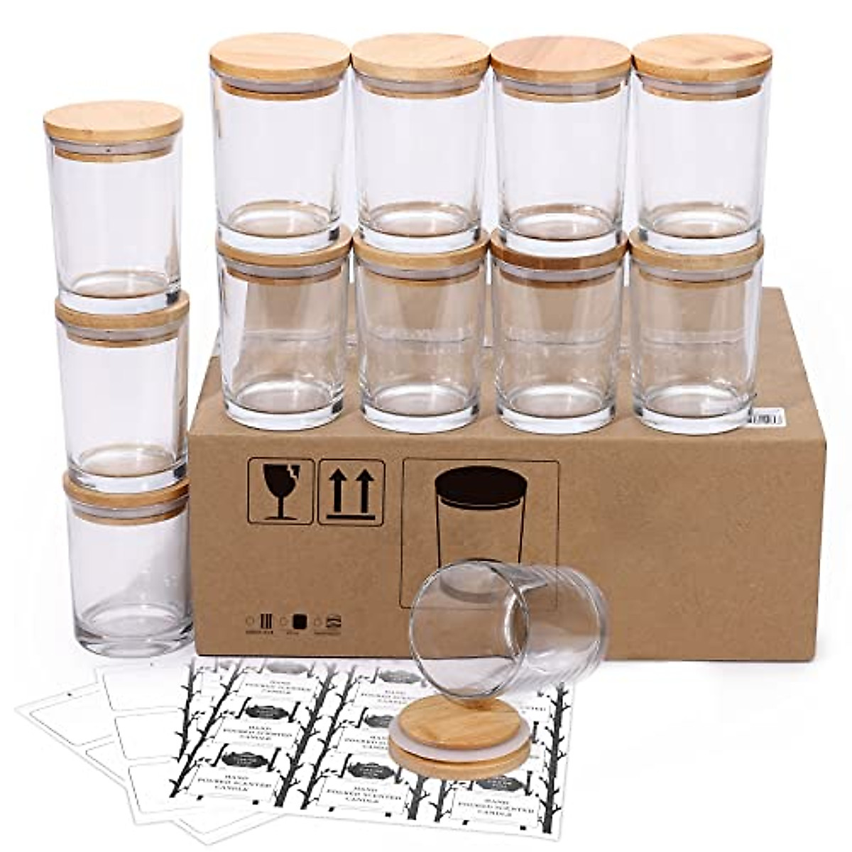 Aminigram 12 Pack, 10 OZ Clear Candle Jars with Bamboo Lids, Empty Glass Candle Jars for Making Candles, Morden Kitchen Bathroom Small Things Container - Bonus 36 Sticky Labels