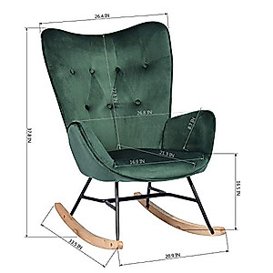FurnitureR Rocking Wooden and Metal Rocker Glider, Scandinavian Fabric Armchair Comfy Side Living Room Bedroom Studio Leisure Office Accent Chair, Green