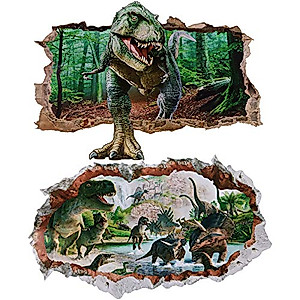 2 Sheets Dinosaur Wall Decals Dinosaur Forest Wall Stickers Self Adhesive 3D Smashed Wall Arts Removable Wall Mural Decals for Kids Nursery Bedroom Living Room (Jumping Dinosaurs)