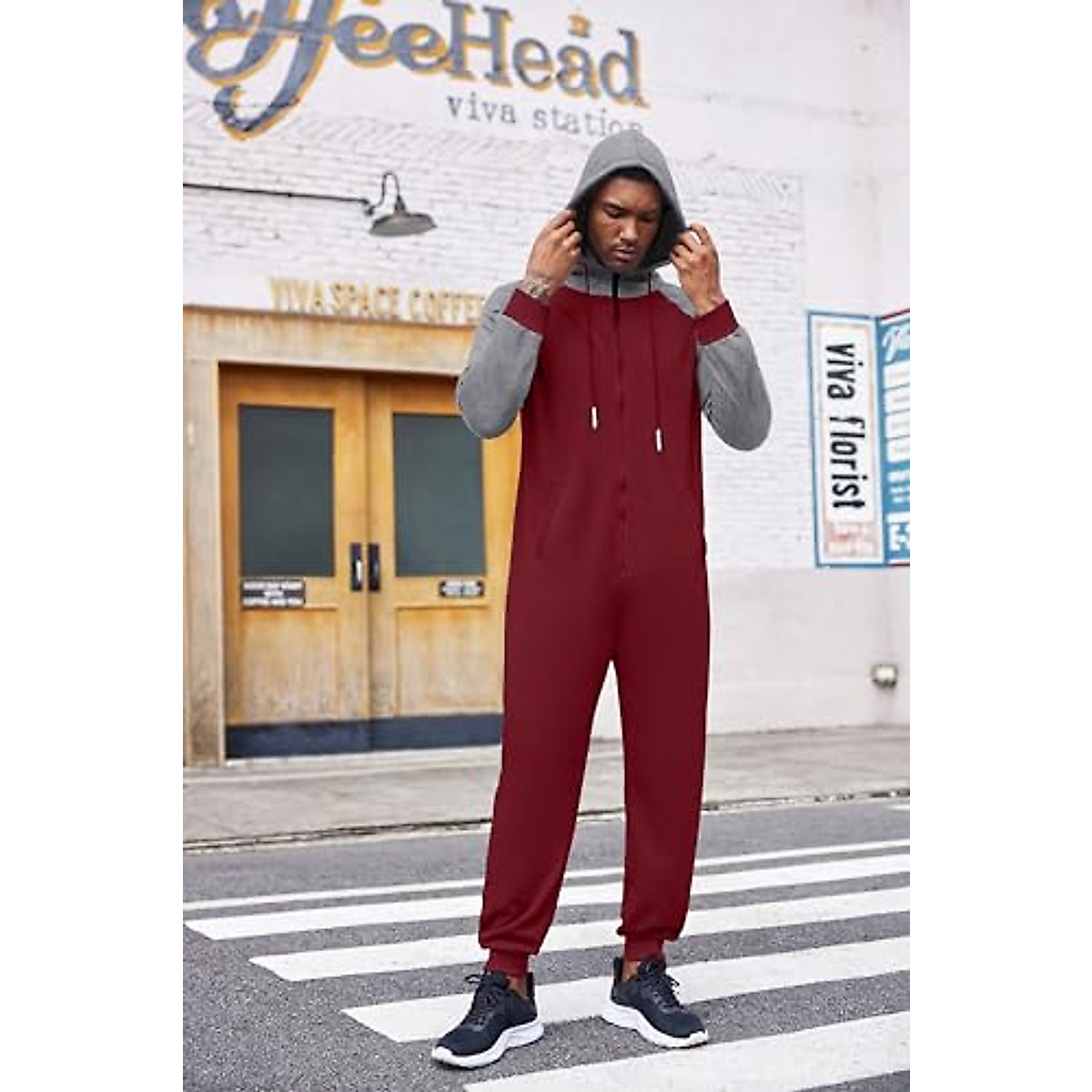 COOFANDY Mens Stylish Romper Christmas Jumpsuit One Piece Outfits Pajamas with Pockets (Wine Red/Grey S)