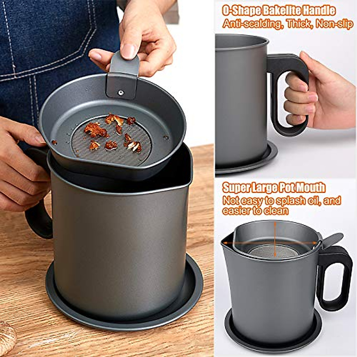 Bacon Grease Container with Strainer 1.7L Used Cooking Oil Container Deep Kitchen Fat Filter Pot Grease Keeper Stainless Steel Large Frying Oil Disposal/Storage Can