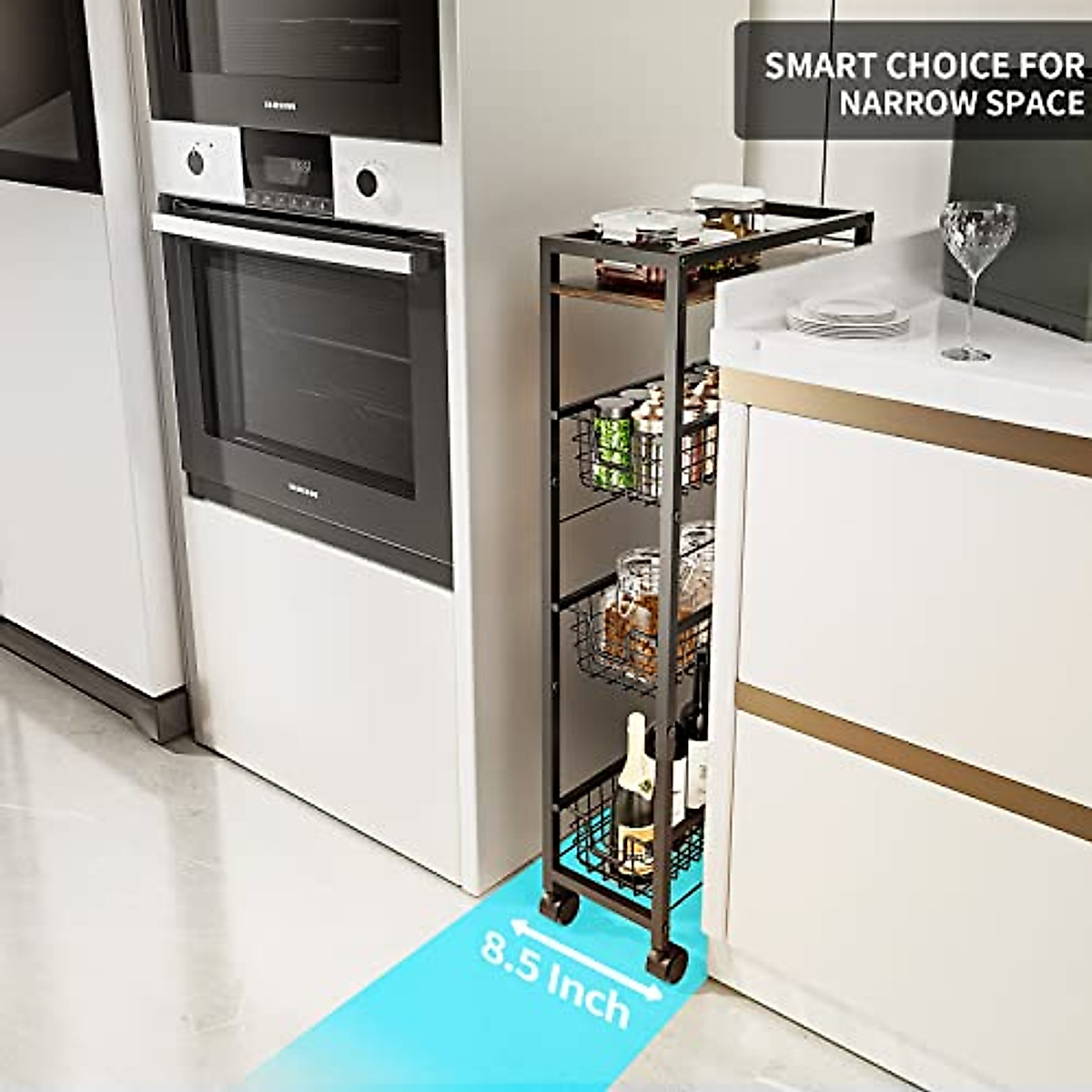 4-Tier Slim Storage Cart with Wheels,Rolling Utility Cart with Slide-Out Wire Baskets & Wooden Tabletop,Mobile Shelving Unit Storage Organizer,Narrow Rolling Storage for Kitchen Bathroom Laundry Room