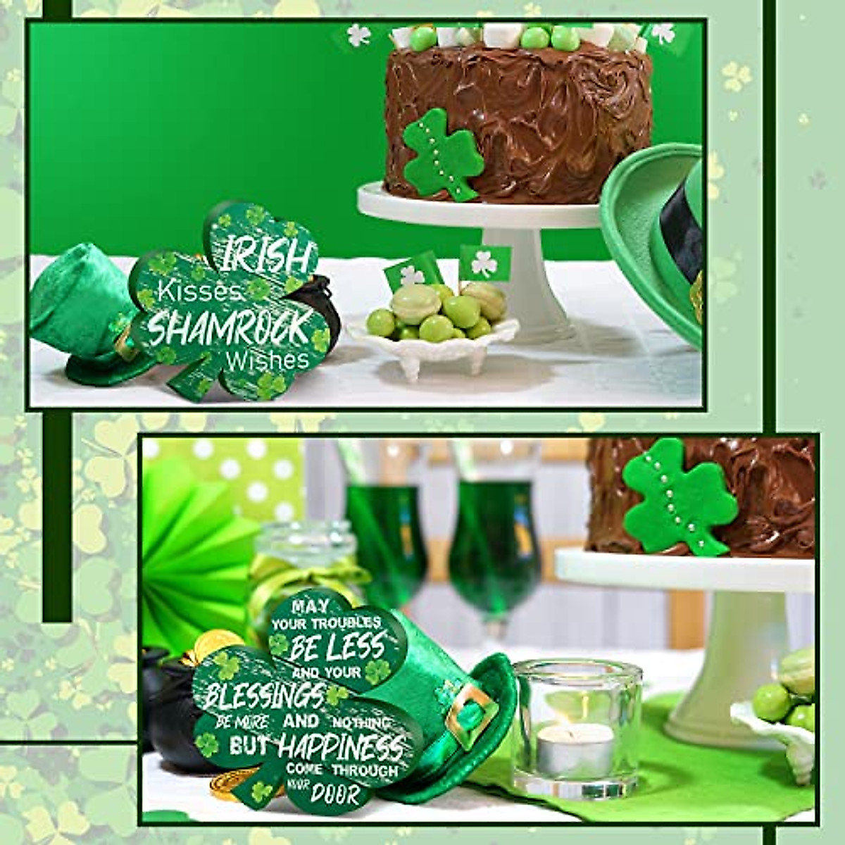 2 Pcs St Patrick's Day Table Wooden Signs Shamrocks Ornaments Irish Themed 5.91x5.78 Inch Lucky Tabletop St. Patrick's Table Decor Rustic Wood Centerpieces Green Shamrock Blocks Office Home Decor