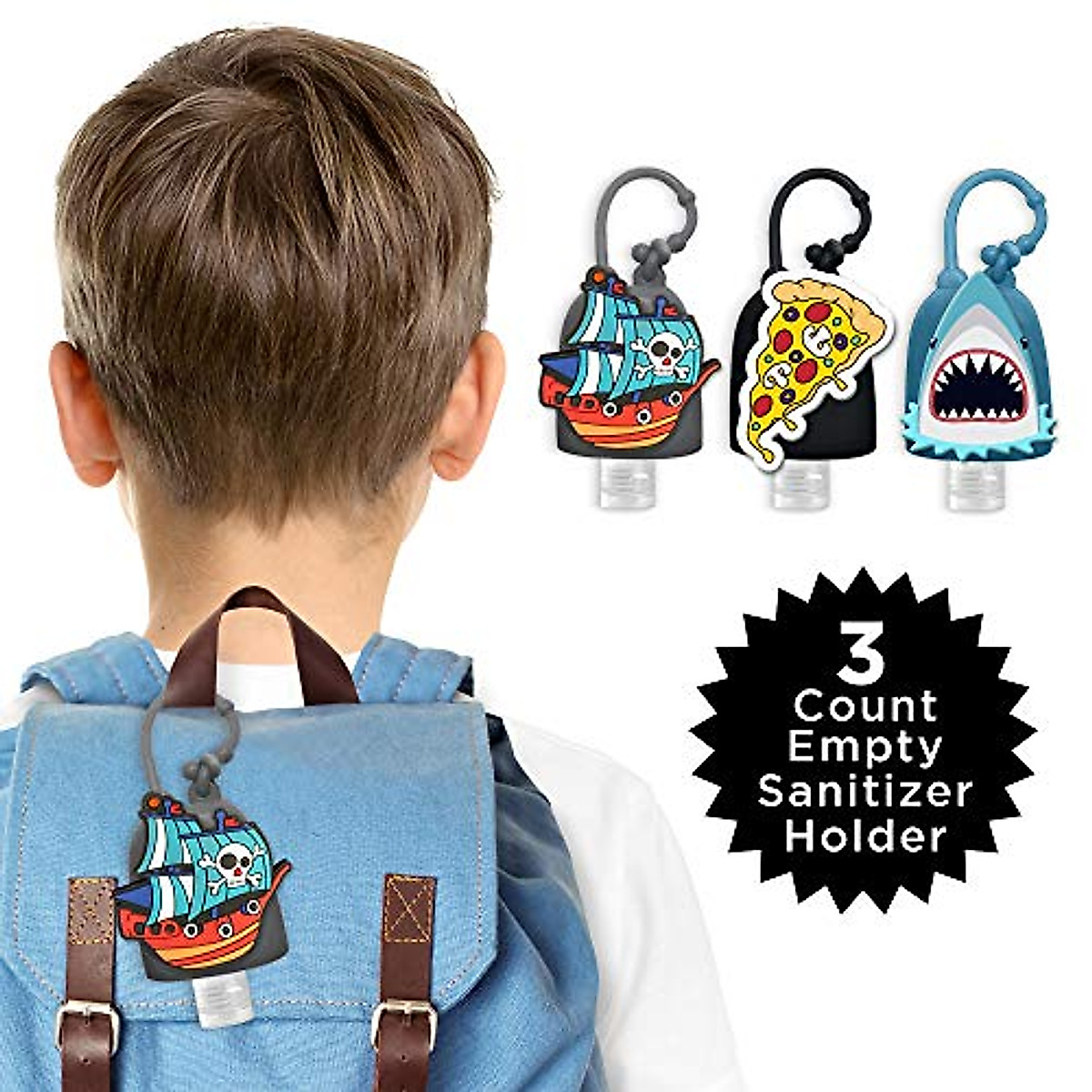 ABG Accessories Boys 3-Pack Kids Face Mask and Hand Sanitizer Holder Keychain (Flip Cap Reusable Empty Bottles) Age 3-7, Shark Design, 3 Count (Pack of 1)