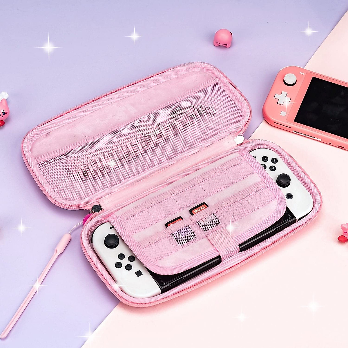 BelugaDesign Pink Puff Ball Case | Cute Kawaii Anime Smash Pink Carry Travel | Shoulder Wrist Straps Accessory Set Stores 9 Game Cards | Compatible with Nintendo Switch Standard Lite OLED (Case Only)