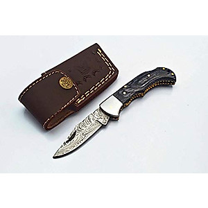 6.75'' Custom Hand Made Forged Knife Hunter Knife Damascus Steel Bowie Knife Handle Ironwood Folding with Leather Sheath